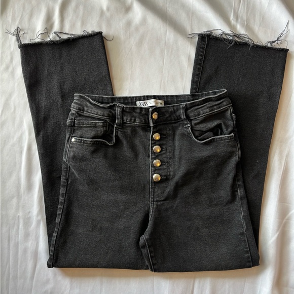 Zara | Jeans | Zara Black Cropped Wide Leg Silver Button Fly Jean ...